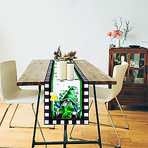 St Patricks Day Table Runner 72 Inches Long, Buffalo Plaid Gnome Shamrock Runner for Table Decorations
