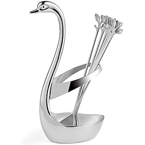 AnSaw Large Silver Swan Base Holder With 12 Pcs Silver Stainless Steel 7.4-Inch Leaf Coffee Spoons Set