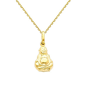 The World Jewelry Center 14k REAL Yellow Gold Buddha Pendant with 0.9mm Cable Chain Necklace - 18"