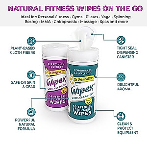 Wipex Fitness Equipment Wipes - Original Natural Plant Based Gym Wipes for Equipment, Clean Surfaces at Home or Gym, Use as a Yoga Mat Cleaner, Lemongrass, Eucalyptus & Vinegar, 50 Count (Pack of 1)