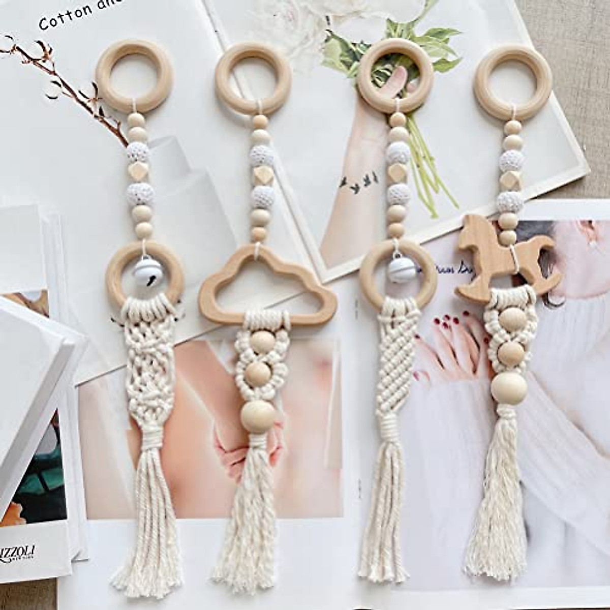 Beavorty 4Pcs Baby Wooden Gym Teething Rings with Tassels Macrame Fitness Woven Crib Hanging Rattles Pendants Toys Crib Hanging Ornaments