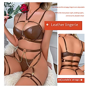 Avidlove Leather Lingerie for Women Lingerie Set Sexy Underwire Push Up Lingerie with Garter and Chain,Coffee Brown,S