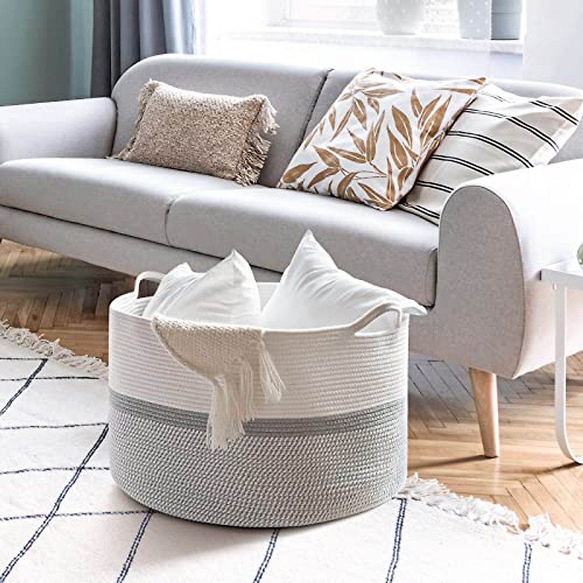 CHICVITA XXL Extra Large Cotton Rope Woven Basket, Throw Blanket Storage Basket with Handles, Decorative Clothes Hamper - 22" x 22" x 14"
