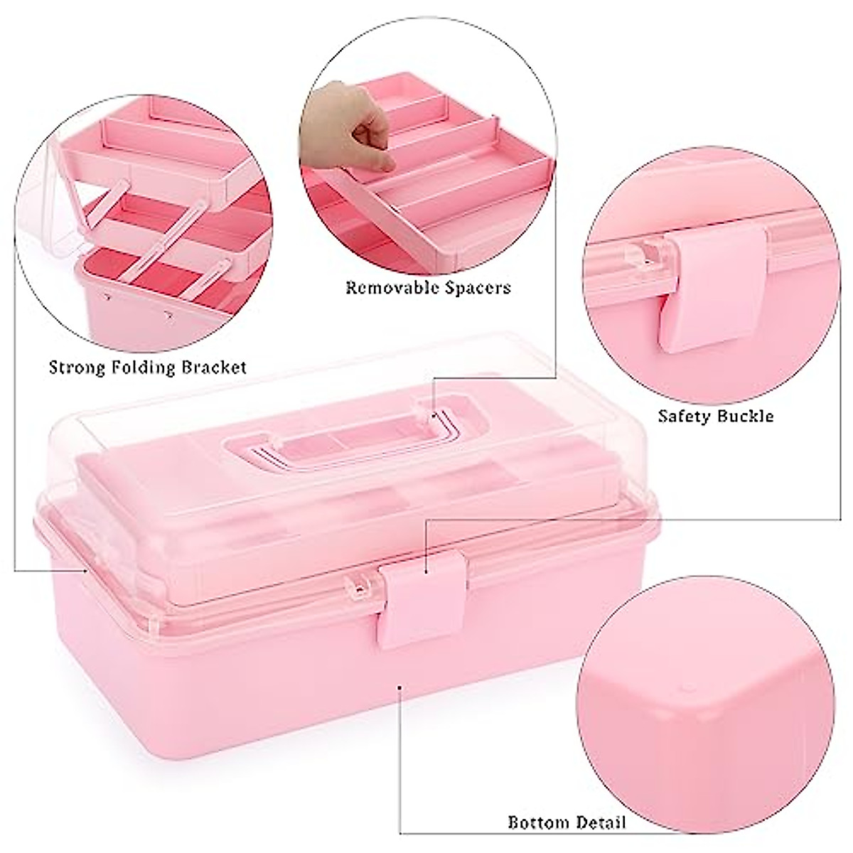 BTSKY 3-Layer Plastic Dividing Storage Box Craft Organizer and Storage with Adjustable Spacers Portable Handled Art Supply Organizer Multipurpose Home Utility Box for Medicine Box Sewing Box Organizer (Pink)