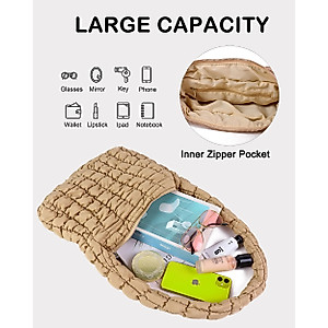 Rejolly Puffer Quilted Shoulder Bag for Women Puffy Bubble Tote Bag Lightweight Nylon Handbag Padded Soft Purse Khaki
