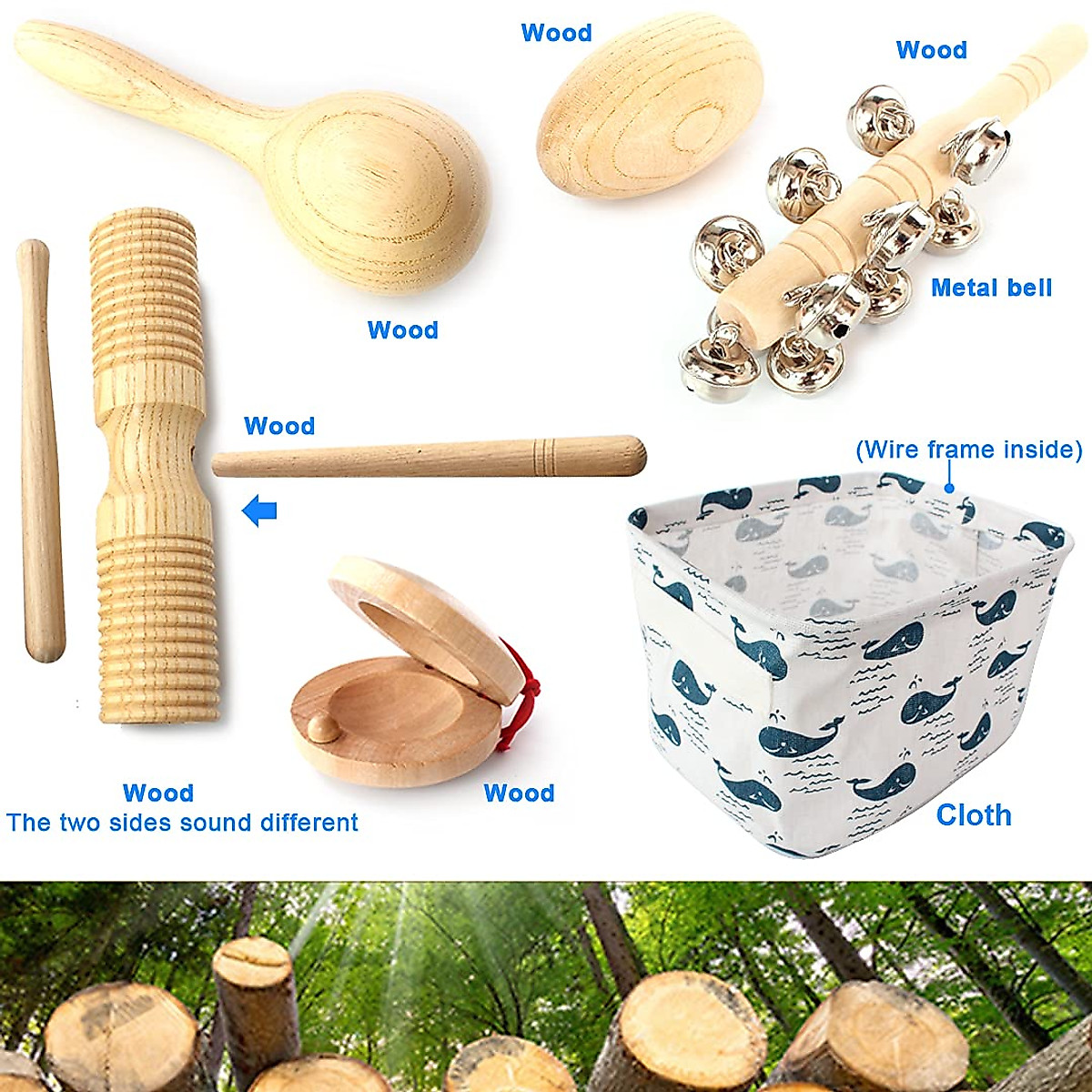 Tuoveek Wooden Musical Instruments Set,Percussion Instrument Kit for Kids Baby,Rhythm Device for Preschool Education,Family Band Include Maracas,Tambourine,Castanet,Steel Triangle,Cloth Basket