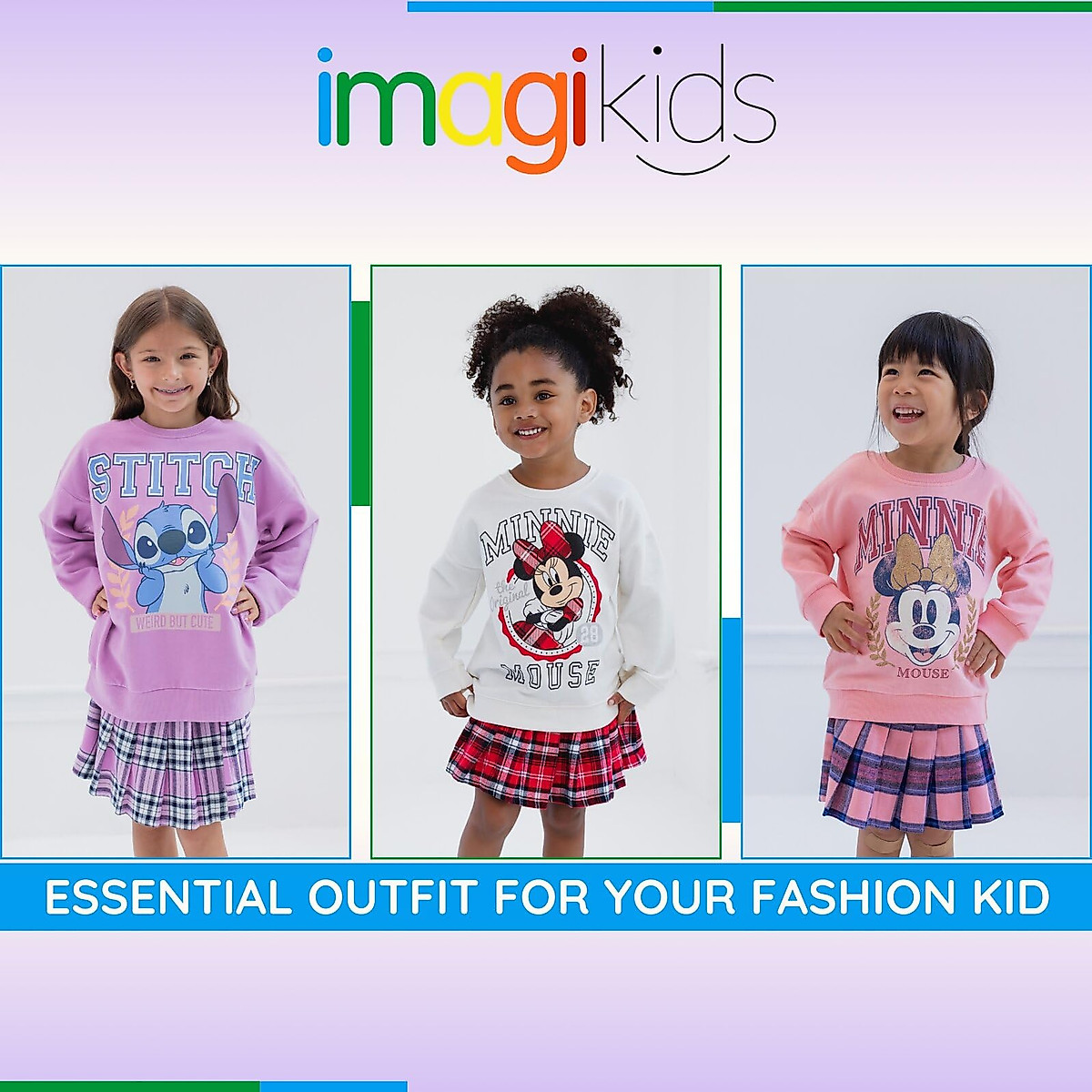 Disney Minnie Mouse Little Girls Fleece Sweatshirt and Skirt Plaid Pink 7-8