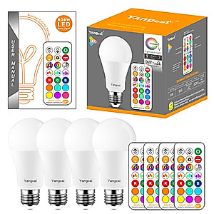 Yangcsl LED Light Bulbs 85W Equivalent 1200lm, RGB Color Changing Light Bulb, 6 Moods - Memory - Sync - Dimmable, A19 E26 Screw Base, Timing Remote Control Included (Pack of 4)