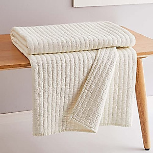 Levtex - Cross Stitch - Quilted Throw - 50x60in. - 100% Cotton - Reversible Pattern - Cream Quilted Throw with White Stitching
