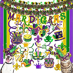 38 Pcs Mardi Gras Party Swirls Hanging Foil Swirl Streamers with Mardi Gras Banner Tinsel Garland Crepe Paper Streamers for Mardi Gras New Orleans Bachelorette Birthday Ceiling Backdrop Decoration