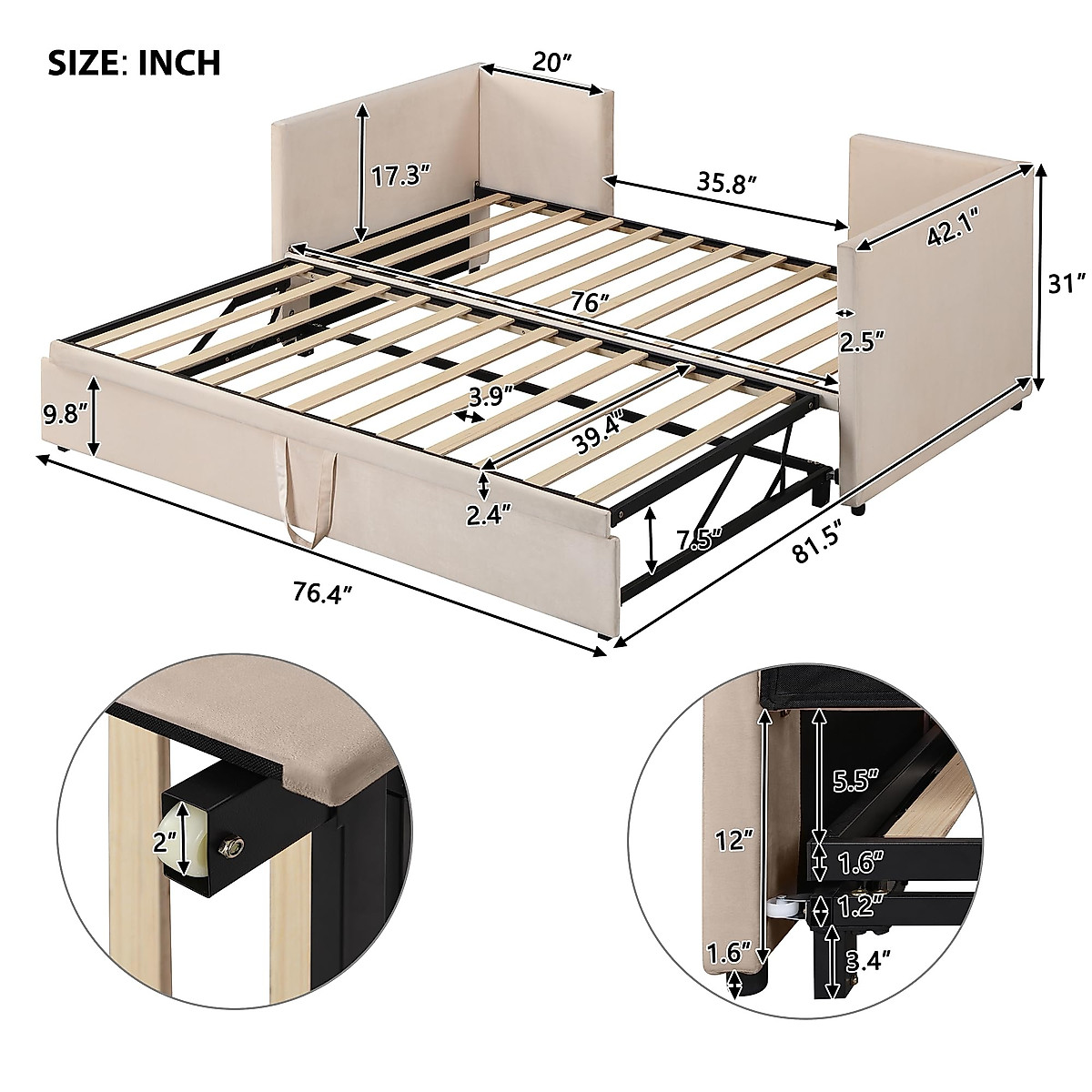 Eafurn Upholstered Daybed with Trundle,Extendable Daybed with Trundle Bed, Twin to King Daybed,Velvet Upholstered Daybed Sofa Bed w/Wood Slat, Twin Size Upholstered Daybed for Kid Boys Girls