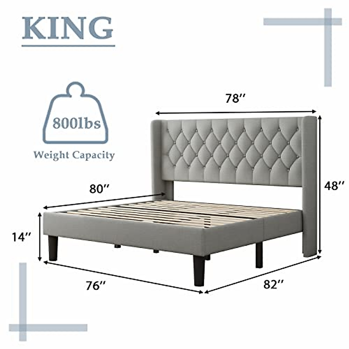 Feonase Upholstered King Bed Frame with Wingback, Platform Bed with Diamond Tufted Headboard, Heavy Duty Bed Frame, Wood Slat, Easy Assembly, Noise-Free, No Box Spring Needed, Light Gray