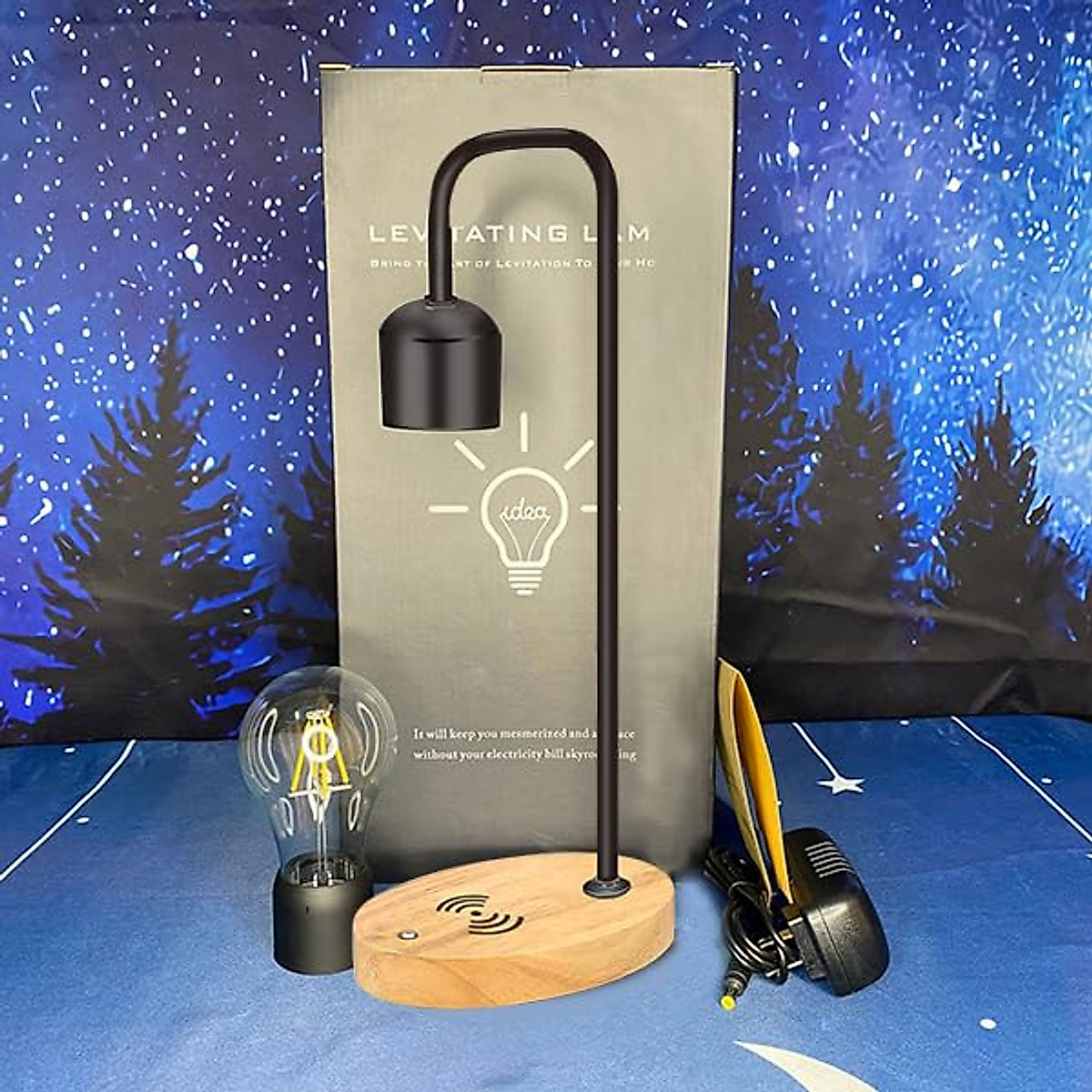 Floatidea Magnetic Levitating Light Bulb Levitation Real Wood Black Floating Desk Lamp LED Night Lights with Luxury Wireless Charging Pad (Apple/Android) for Christmas Gift