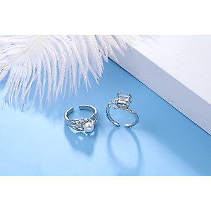 Gbinitail 4Pcs Nature-Inspired Adjustable Silver Ring Set - Platinum-Plated Stackable Rings with Zirconia, Pearl, Twig & Chain Details for a Unique Aesthetic, Size 5.5-7.5
