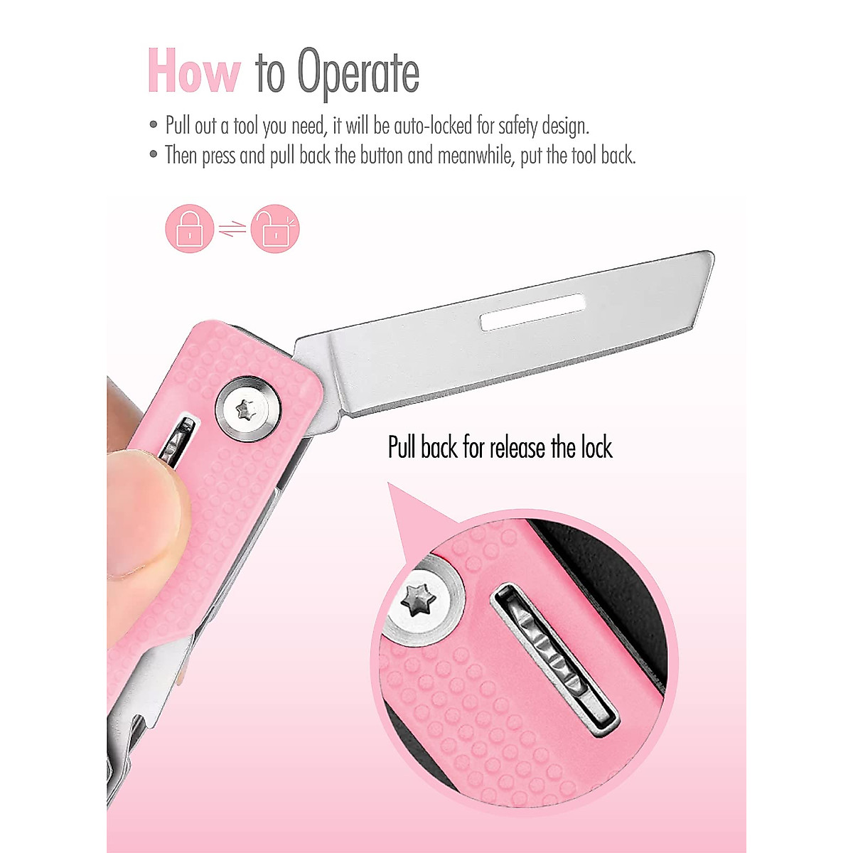 FantastiCAR 10 in 1 Multi-tool, EDC Folding Pocket Knife with SIM Card Removal Pin for Daily Needs, Outdoor Activities, Christmas Gifts (Pink)