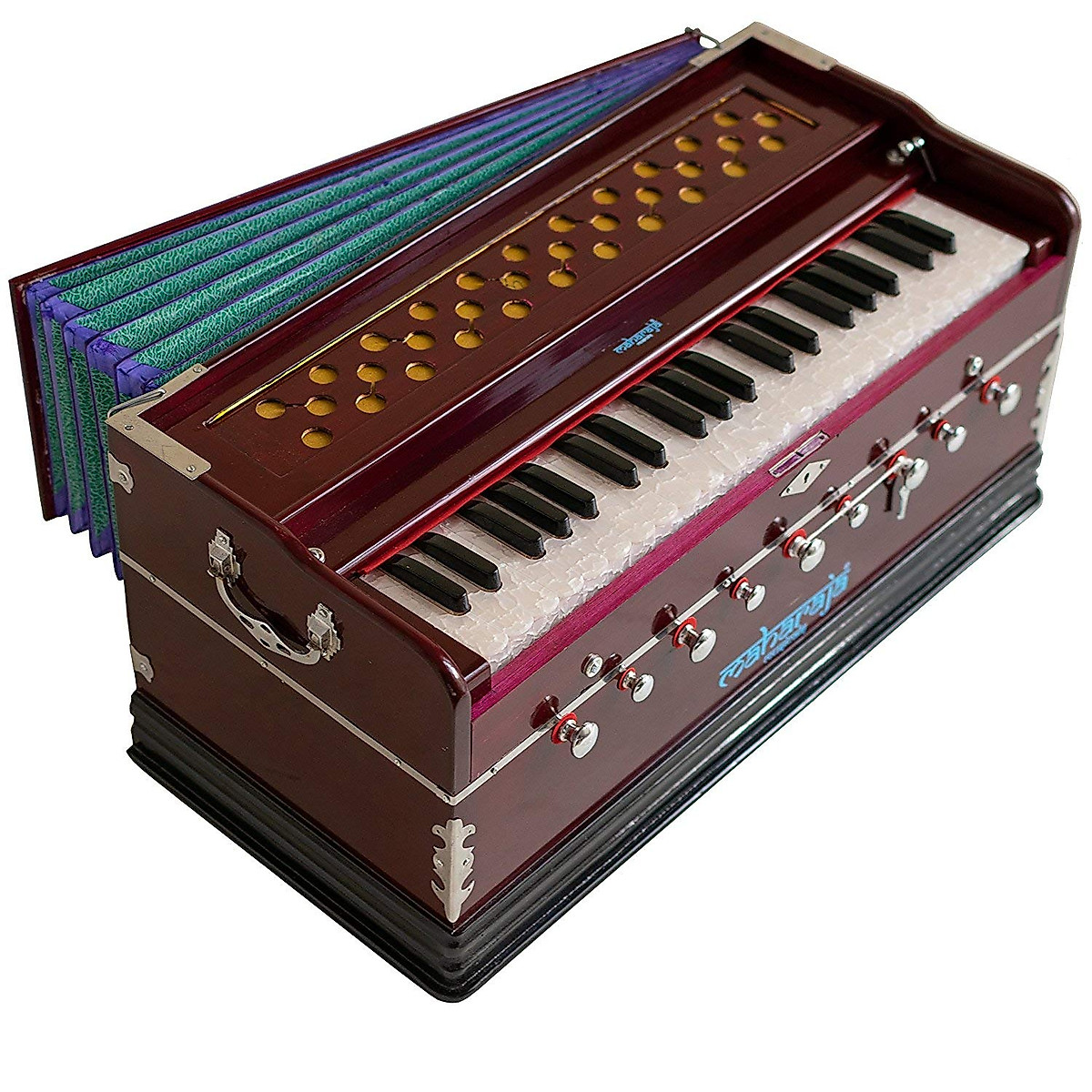 Harmonium Musical Instrument, Maharaja Musicals, 9 Stops, 3 1/2 Octave, Double Reed, Coupler, Dark Mahogany, Standard, Padded Bag, A440 Tuned, Indian Sangeeta Harmonium (PDI-43)