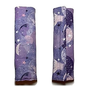 Purple Lunar Glitter Moon Pink Star Universal Car SUV Seat Belt Cover, Snap Hook, Cushions Seatbelt Shoulder Strap, Soft Padded Quilted 100% Cotton Comfortable Driving, Made in USA Adult Child