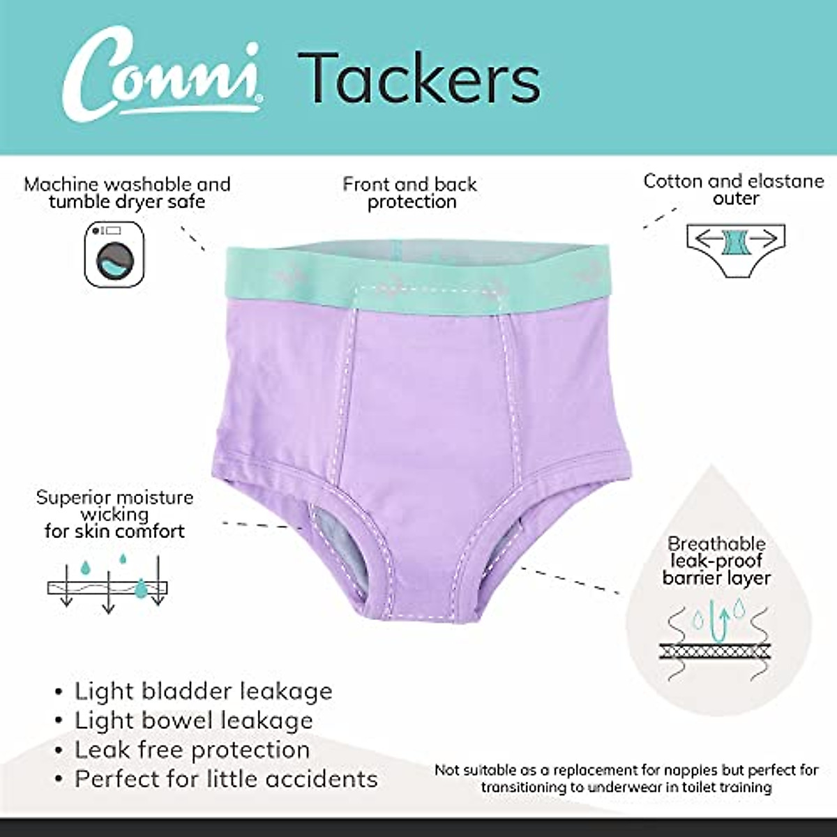 Conni Kids Tackers Brief Pants | Soft Shorts Reusable and Washable Toddler Potty Training Underwear | Waterproof Easy Pull Up Youth Incontinence, Bubble Gum, Size 10-12
