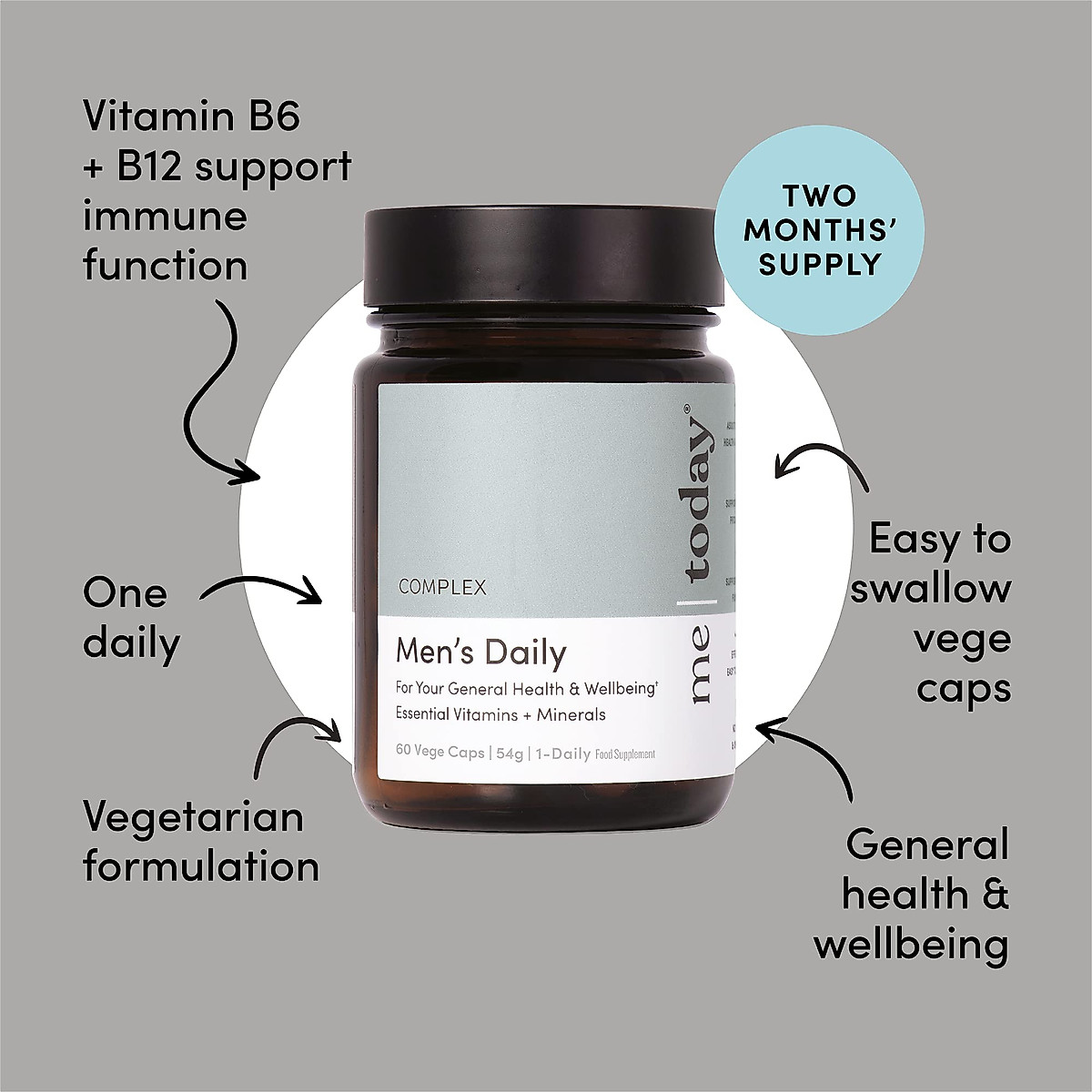 me today – Men’s Daily Multivitamin and Mineral Supplement, 60 Capsules with 27 Vitamins, Minerals and herbs, including D, C, A, B, Biotin and Zinc, Vegetarian