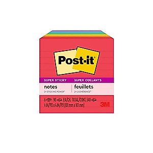 Post-it Super Sticky Notes, 4x4 in, 6 Pads, 2x the Sticking Power, Playful Primaries, Primary Colors (Red, Yellow, Green, Blue, Purple), Recyclable (6445-SSP)