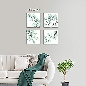 ARTISTIC PATH Natural Leaf Artwork Floral Pictures: Twig Graphic Art Print on Canvas for Bathroom Wall (12" W x 12" H x 4 PCS, Multi-Sized)