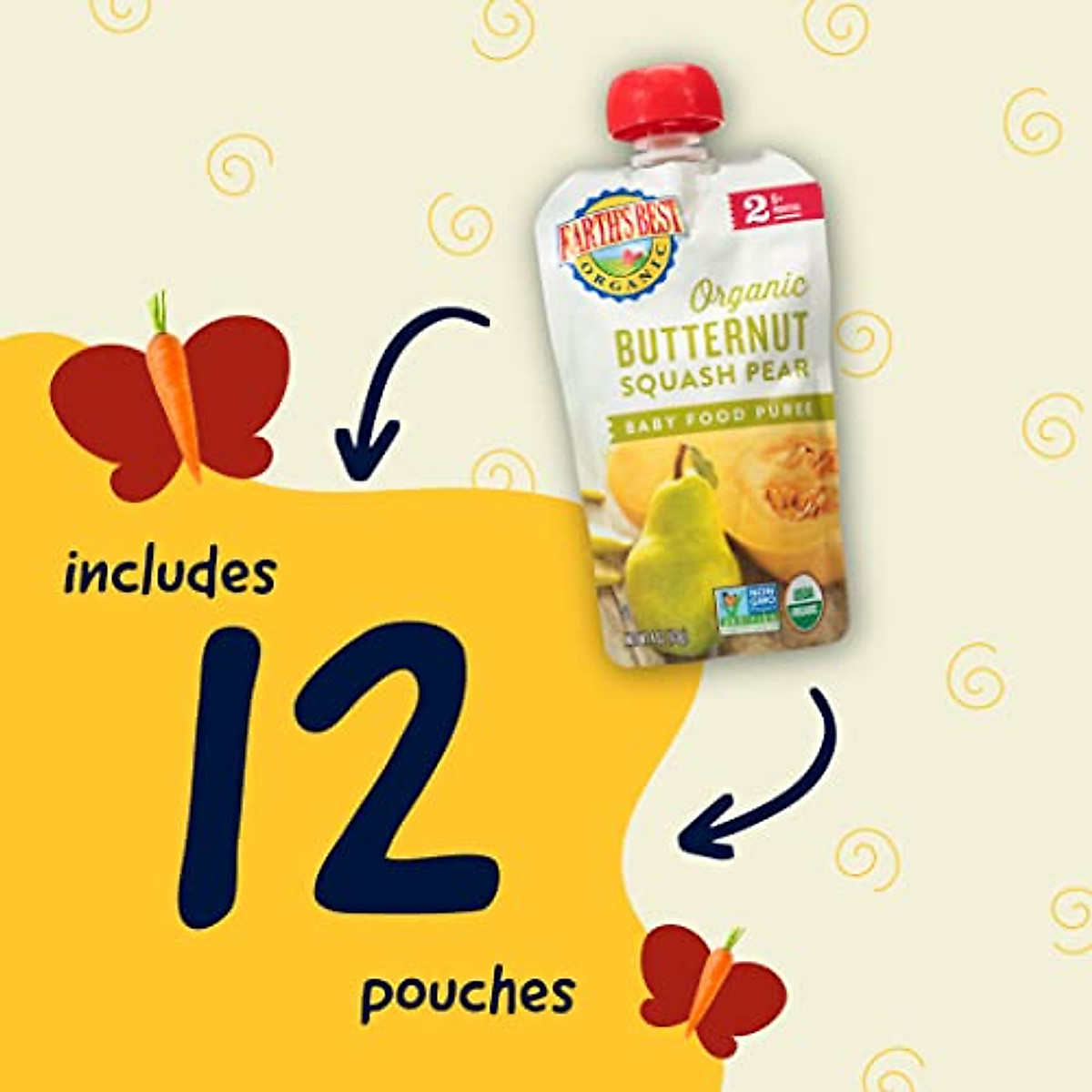 Earth's Best Organic Baby Food Pouches, Stage 2 Fruit and Vegetable Puree for Babies 6 Months and Older, Organic Butternut Squash and Pear Puree, 4 oz Resealable Pouch (Pack of 12)