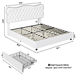 HOSTACK King Bed Frame with 4 Storage Drawers, Upholstered Platform Bed Frame with Button Tufted Headboard, Heavy Duty Mattress Foundation with Wooden Slats, No Box Spring Needed (White, King)