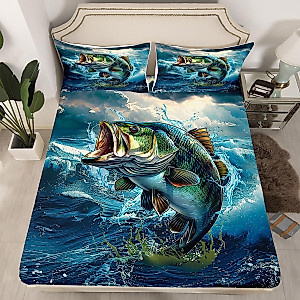 Feelyou Pike Fish Bed Sheet Set Twin Size Bass Big Fish Fitted Sheet for Kids Boys Girls Decor Fishing and Hunting Bedding Set Ocean Theme Bed Cover Deep Pocket