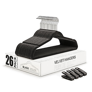 Velvet Hangers 26 Pack with Clips - Non Slip Black Felt Hangers - Space Saving Clothes Hangers for Coat, Shirt, Pants & Dress - Slim Heavy Duty Hangers for Clothing