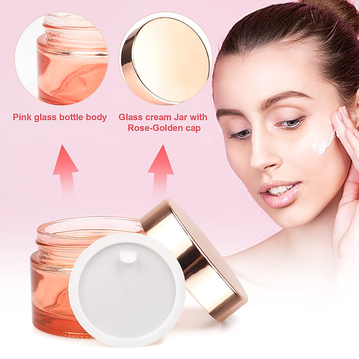 Furnido 4 Pack,1 oz/30ml Pink Glass Face Cream Jar Pot,Empty Thick Glass Cosmetic Cream Jar Container With Rose-Golden Cover,Inner Liners for Moisturizer,Eyeshadow,Makeup Emulsion
