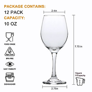 QAPPDA 10 Ounce Wine Glasses,Classic Red Wine Glasses Bulk Set of 12,All-purpose Clear White Wine Glass with Long Stem for Gift,Party,Restaurant