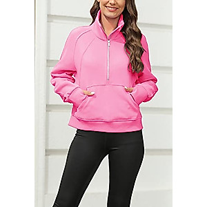 Womens Sweatshirts Half Zipper Crop Pullover Funnel Neck Fleece Lined Zip Up Long Sleeve Tops Thumb Hole Pink