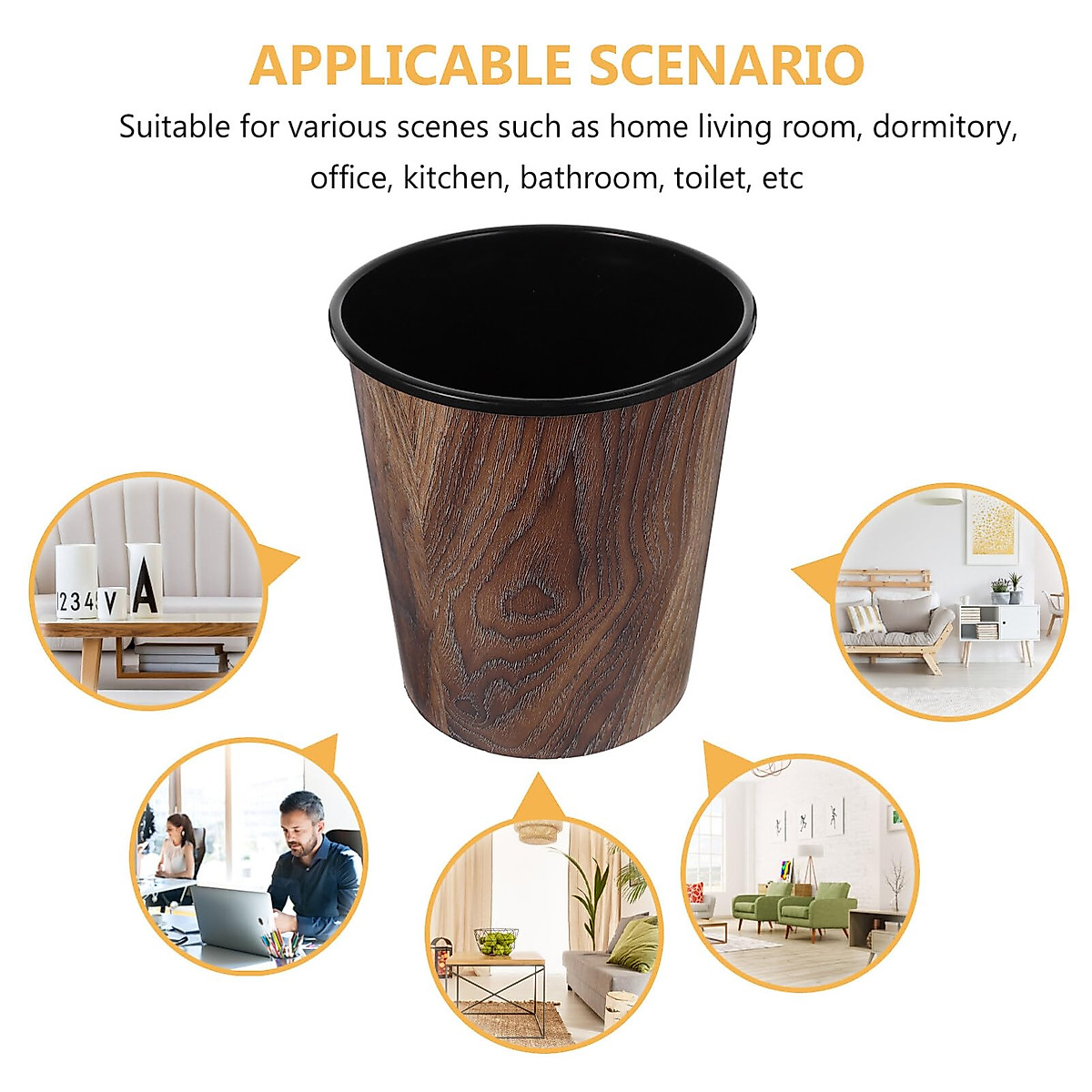 Cabilock Vintage Plastic Trash Can Wood Grain Waste Basket 7L Open Top Garbage Bucket Rubbish Bin Round Garbage Can Farmhouse Container for Kitchen Bathroom Office Under Desk