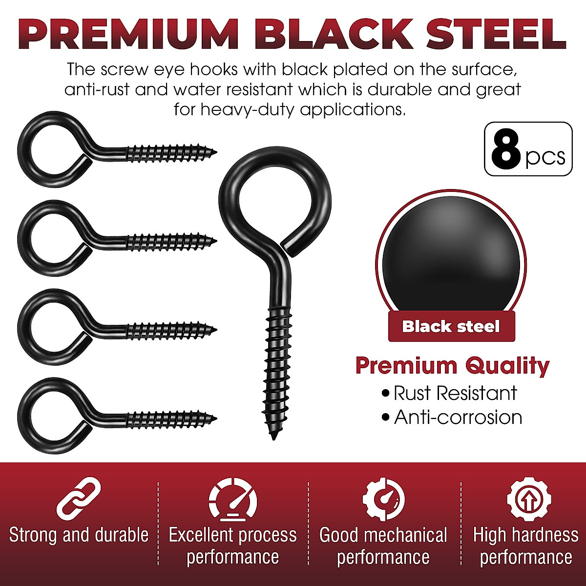 8PCS Screw Eyes, 3.2 Inch Black Eye Hooks Screw Self Tapping Eye, Heavy Duty Eye Bolt for Wood Securing Cables Wire, Hammock Stand, Indoor & Outdoor Use