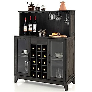 LOKO Wine Bar Cabinet, Liquor Cabinet with Removable Wine Rack, Farmhouse Buffet Sideboard Storage Cabinet with Adjustable Shelves & Tempered Glass Doors, 38.5 x 16 x 48.5 inches (Black)
