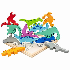 XJYQJD Dinosaur Sorting & Stacking Toys for Toddlers 1-3, Wooden Dinosaur Blocks Puzzles for Kids 2-4 Multi-Theme Animals Fruits Numbers Jigsaw Puzzles Montessori Educational Learning Toys (4 Pack)