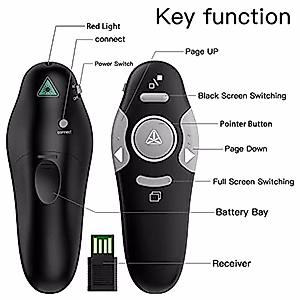 QUI Presentation Clicker Wireless Presenter Remote, RF 2.4GHz USB Powerpoint Clicker for Mac/Keynote/PPT/PC, Red Light Pointer for Presentations Remote for Office Classroom