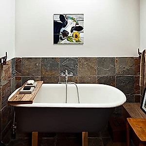 Cow Decor Sunflower Bathroom Decor Black and White Wall Decor Cow Pictures Wall Decor Farmhouse Bathroom Wall Decor for Bedroom Kitchen Living Room, Rustic Framed Canvas Wall Art Paintings 14"x14"