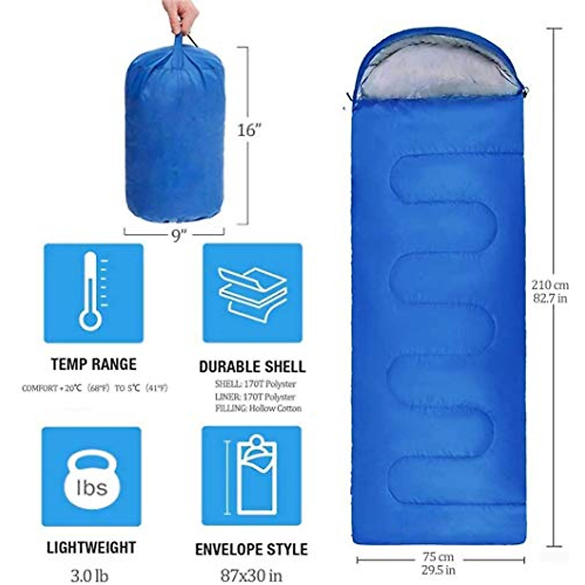 Lightweight Sleeping Bag, 3 Season Sleep Bags for Kids Adults Girls Women, Microfiber Filled Warm Cool Cold Weather 5-20 Degree for Backpacking/Hiking/Naturehike/Camping with Compression Sack -Blue