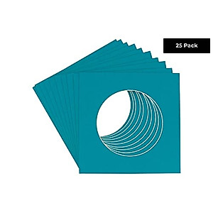 13x13 Mat Bevel Cut for 9x9 Photos - Precut Teal Blue Circle Shaped Photo Mat Board Opening - Acid Free Matte to Protect Your Pictures - Bevel Cut for Family Photos, Pack of 25 Matboards Show Kits