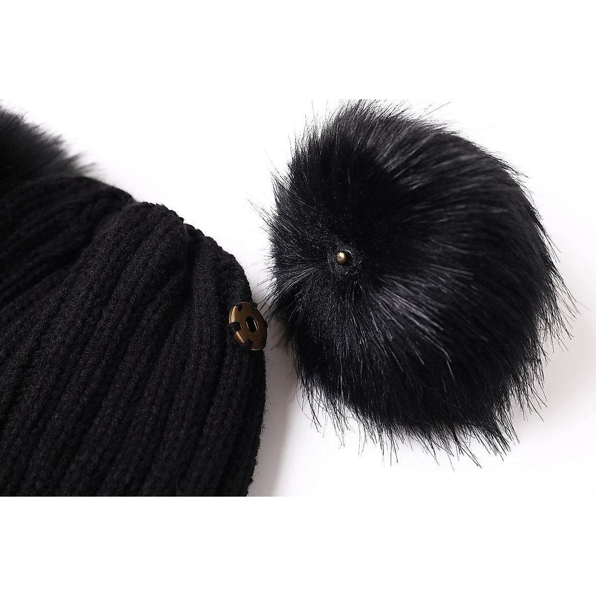 Roniky Womens Winter Hat Cable Knit Silk Satin Lined Beanie for Women Girls Double Faux Fur Pom Pom Ears Black
