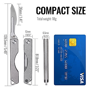 KeyUnity KK01 Titanium Folding Knife, Utility EDC Pocket Knife with #24 Replaceable Blade, for Outdoor Hunting, Camping, Fishing, Hiking for Men & Women (Stonewashed)