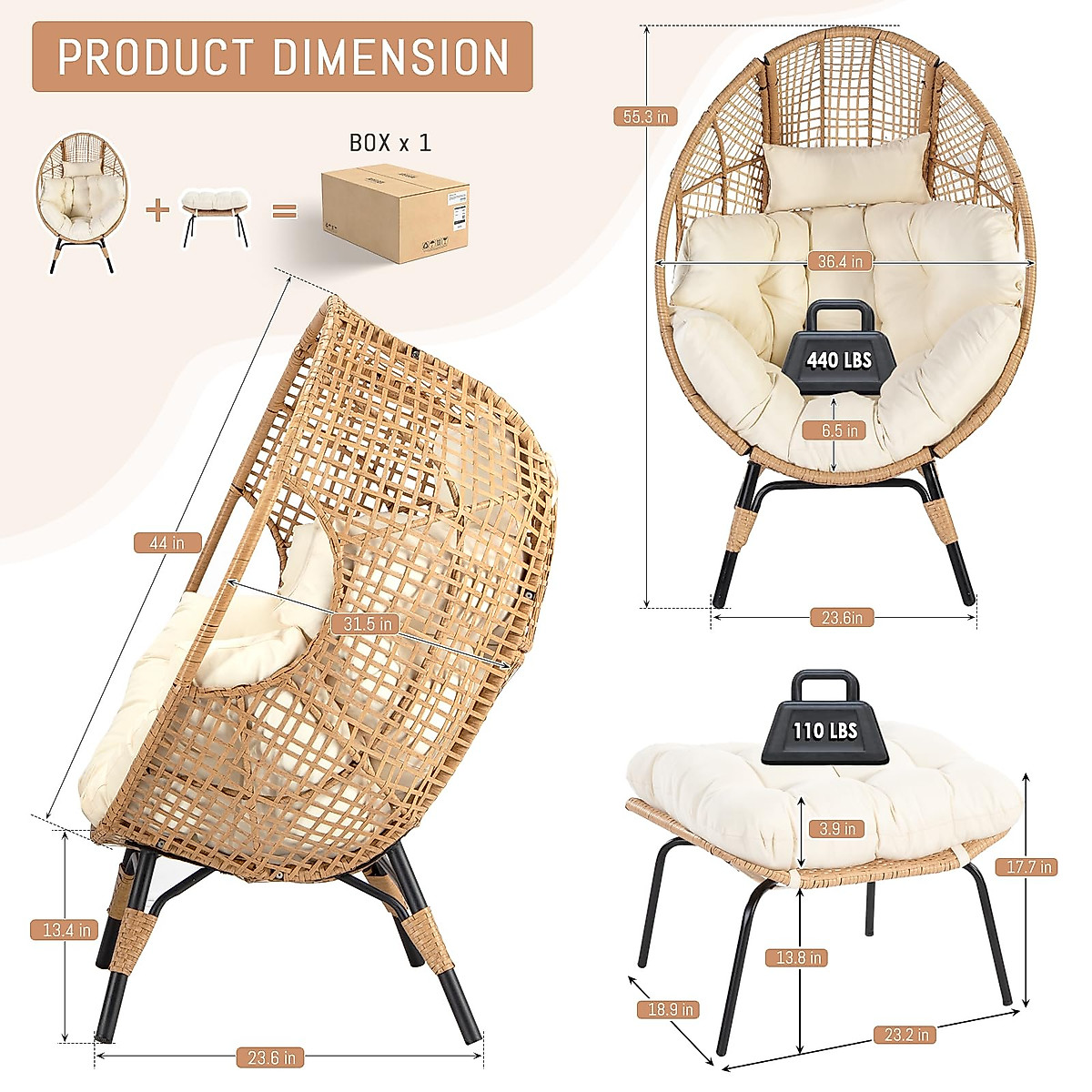 OUTPLATIO 2 Pieces Egg Chair Wicker Patio Egg Chair with Ottoman Rattan Teardrop Cuddle Cocoon Chair for Indoor Outdoor Bedroom Porch Backyard Deck Garden (2 pcs,Beige)