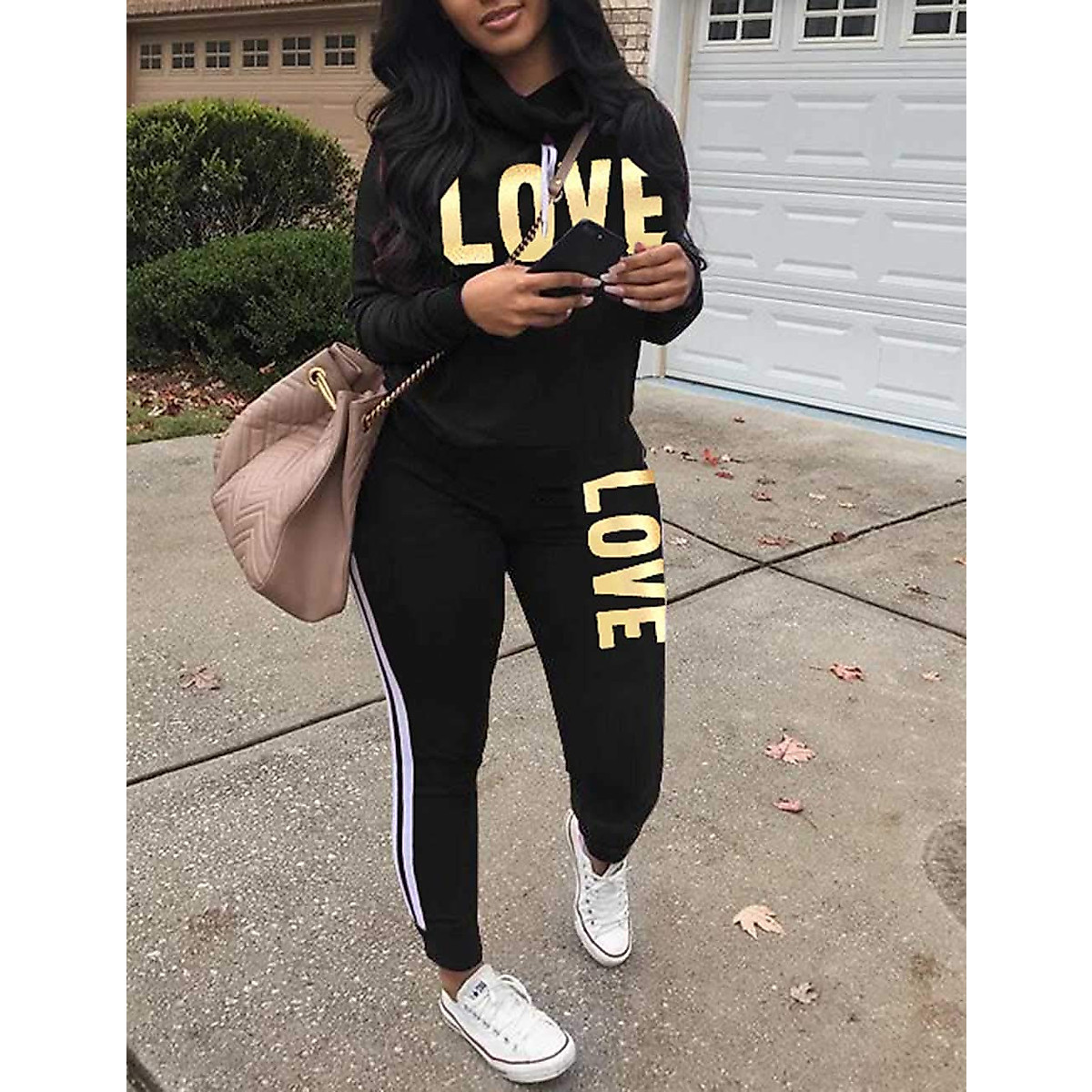 Women's Tracksuit Cowl Neck Long Sleeve Sweatshirt and Sweatpants set Letter Print 2 Piece Outfits Black XL