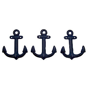 Wowser Nautical Cast Iron Ship Anchor Wall Hooks, 6 Inches, Set of 3 (Blue)