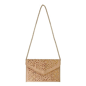 ZLMBAGUS Women Hollow Out Floral Pattern Envelope Handbag Fashion PU Tote Evening Clutch Chain Crossbody Shoulder Bag Beige