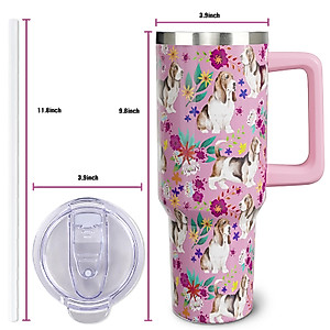 puhnhsv 40 oz Basset Hound Tumbler with Handle, Insulated Stainless Dog Tumbler Coffee Travel Mugs Cup Water Bottle Basset Hound Lovers Gifts for Women Girls