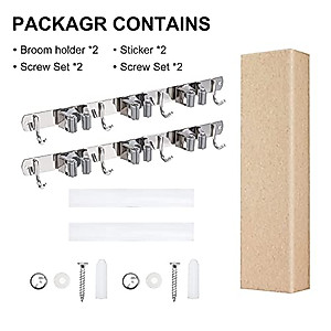 GDTOOLMMY Broom Holder Wall Mount, Stainless Steel Mop Holder Self Adhesive Durable Heavy Duty Broom Hanger Storage Rack for Home, Kitchen, Garden and Garage 5 Rack 4 Hooks(2pack)