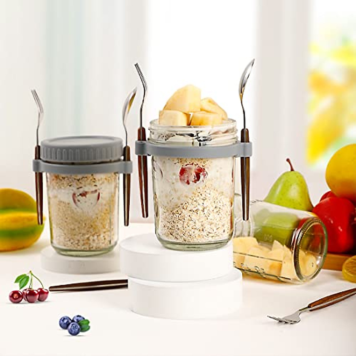ZCXQM Overnight Oats Containers with Spoon and Fork, 2 Pack 10 oz Mason Jars with Lids for Overnight Oats, Breakfast On the Go Cups Reusable for Milk, Cereal, Fruit(Grey)
