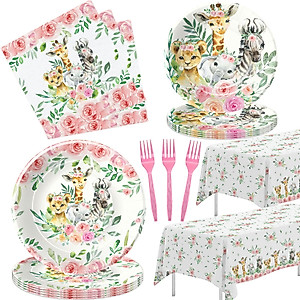 HIPVVILD Jungle Theme Party Supplies Tableware Girl - Safari Birthday Decorations Dinnerware, Plate, Napkin, Tablecloth, Fork, Pink Safari Jungle Animal Baby Shower Birthday Party Supplies | Serve 24